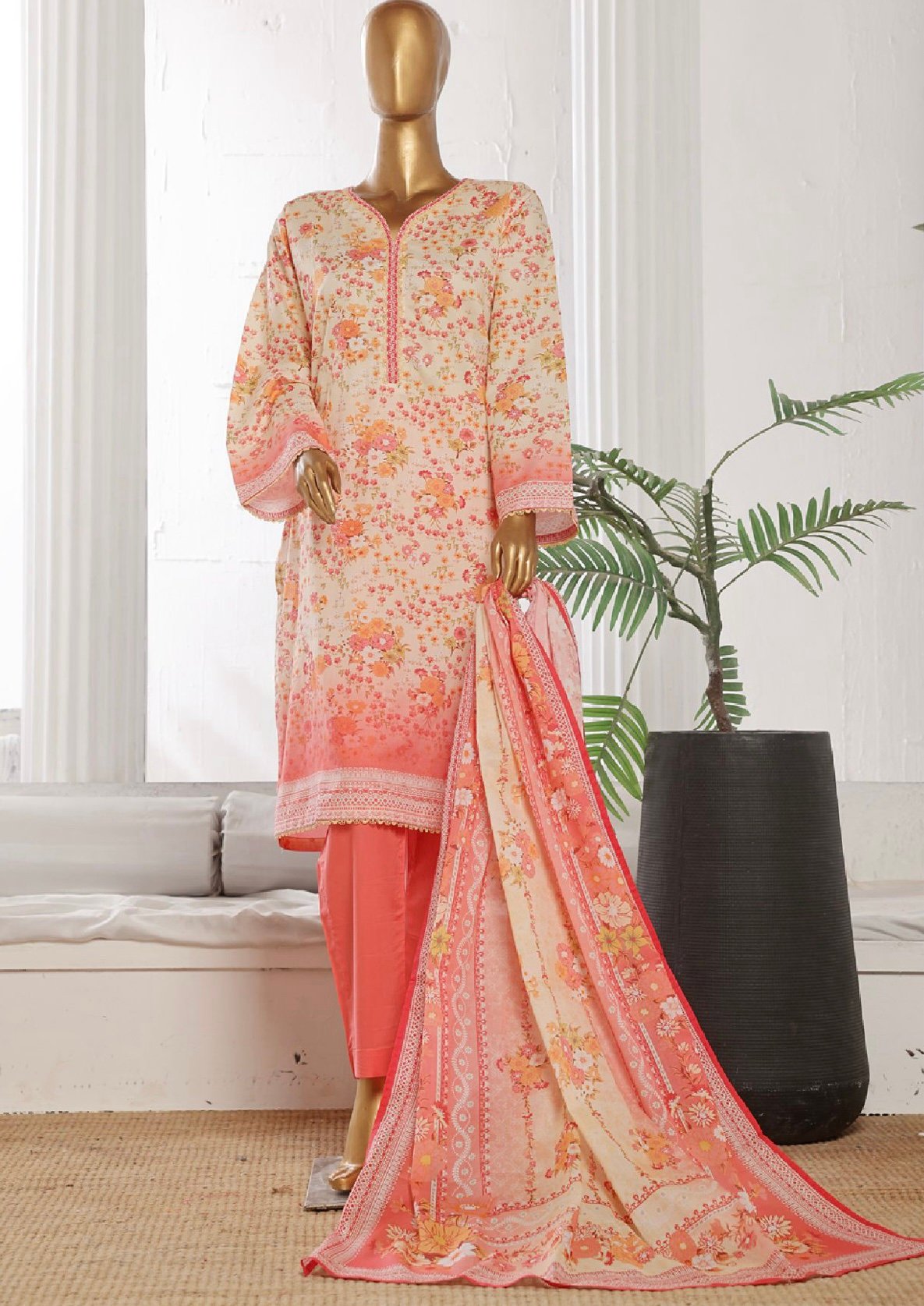 Bin Saeed Stitched 3 Piece Printed Cotton Collection ‘2024 – Light Pink – Mega Fabrics